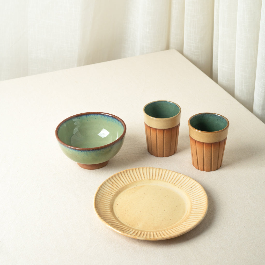 Chai & Clay Snack Set | Beige & Green | Set of 4 – Lagavi